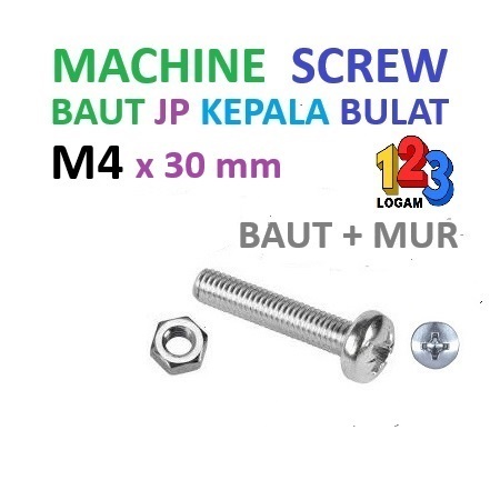 Jual Baut Mur JP M4x30 Kepala Bulat Obeng + Pan Head Machines Screw | Shopee Indonesia