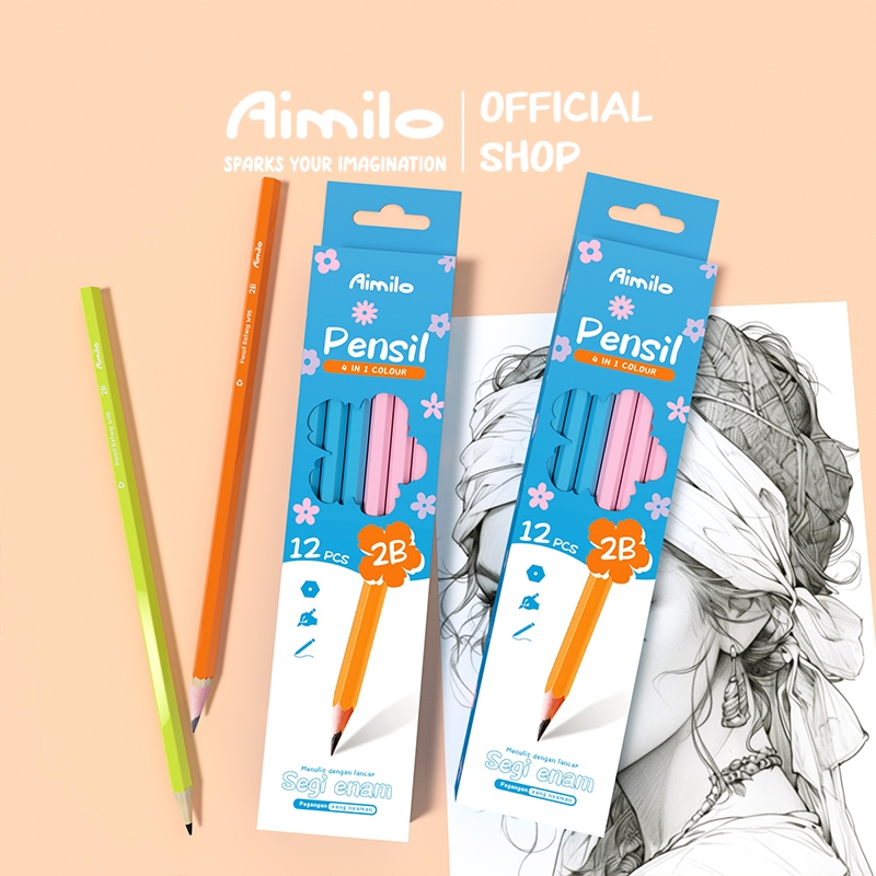 Jual Aimilo Pensil 2B Graphite Pencil 12PCS /Kotak 4 Warna eksterior ...