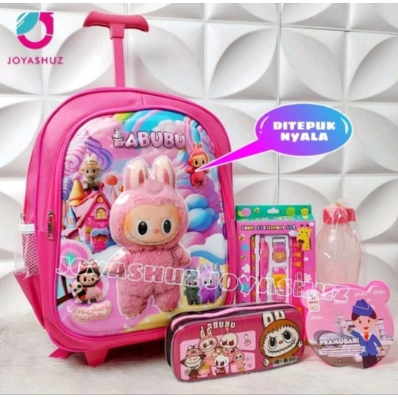 Jual Tas troli Labubu anak perempuan TK dan SD ,tas dorong anakTK 3 Dimensi - Tas roda koper ...