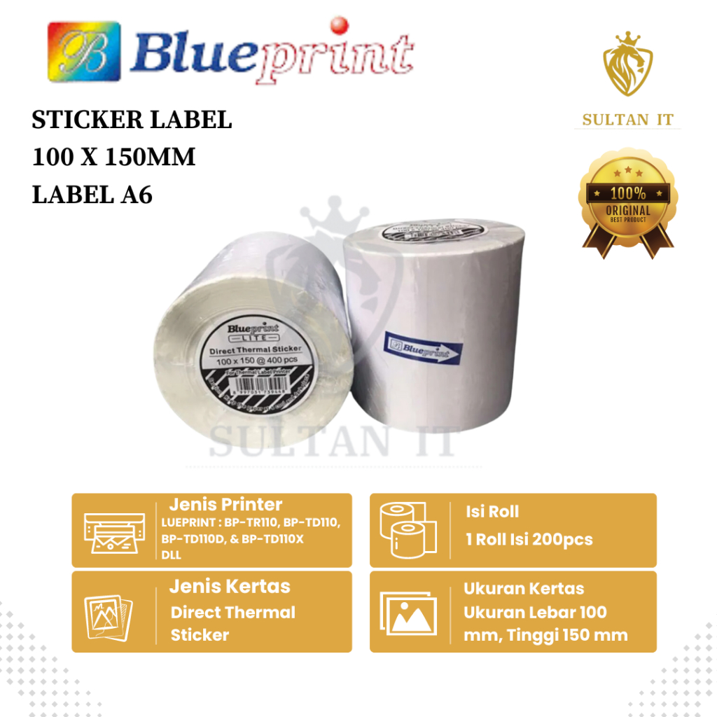 Jual Blueprint Stiker Label A6 100 x 150mm Isi 200 Sticker / Lite Direct Thermal Sticker Online ...