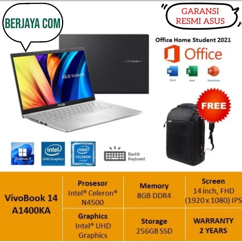 Jual Laptop Asus Vivobook 14 A1400ka N4500 / 8gb Ram / 256gb Ssd / 14 ...