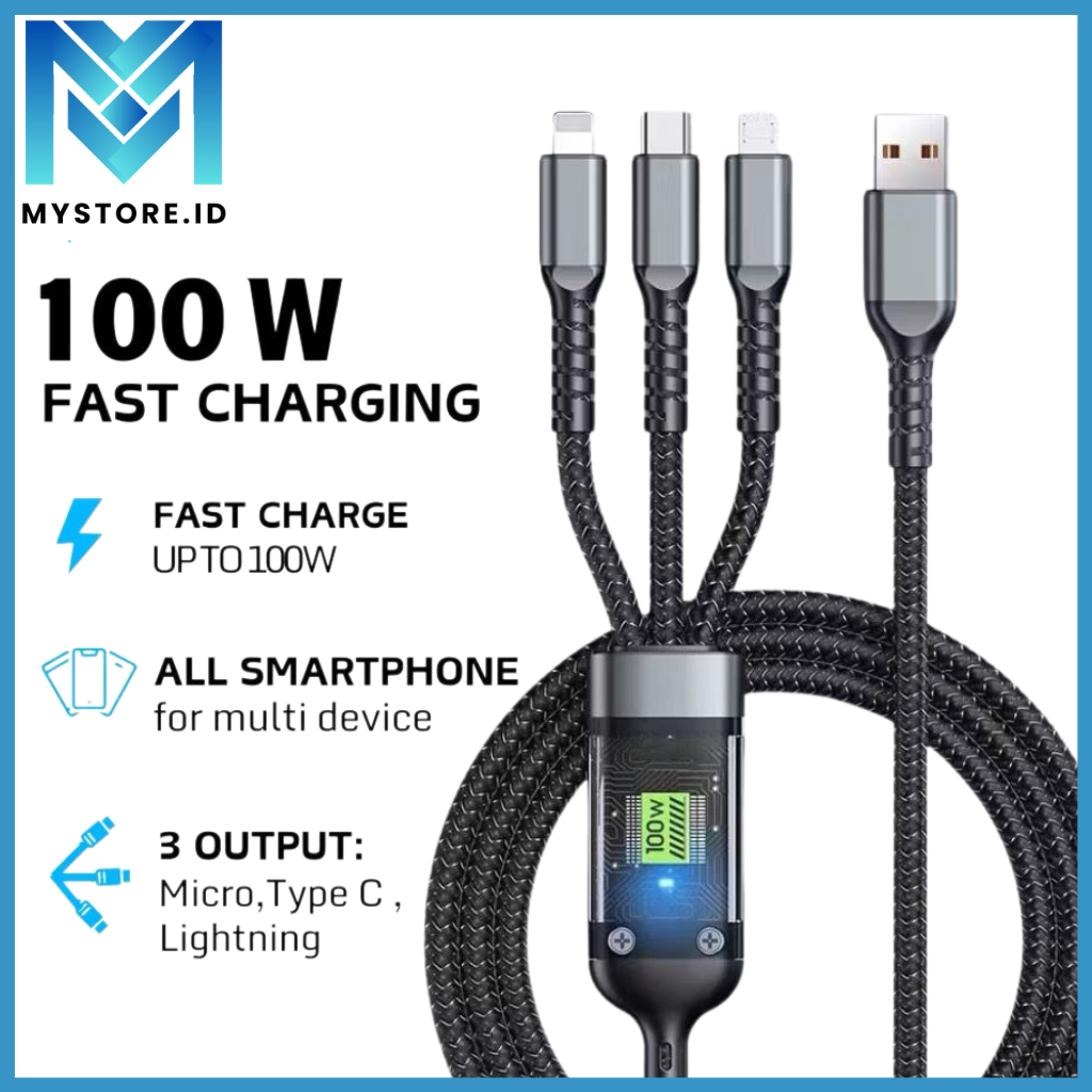 Jual Kabel Charger 3in1 LED Fast Charging up to 100W USB to TypeC MIcro ...