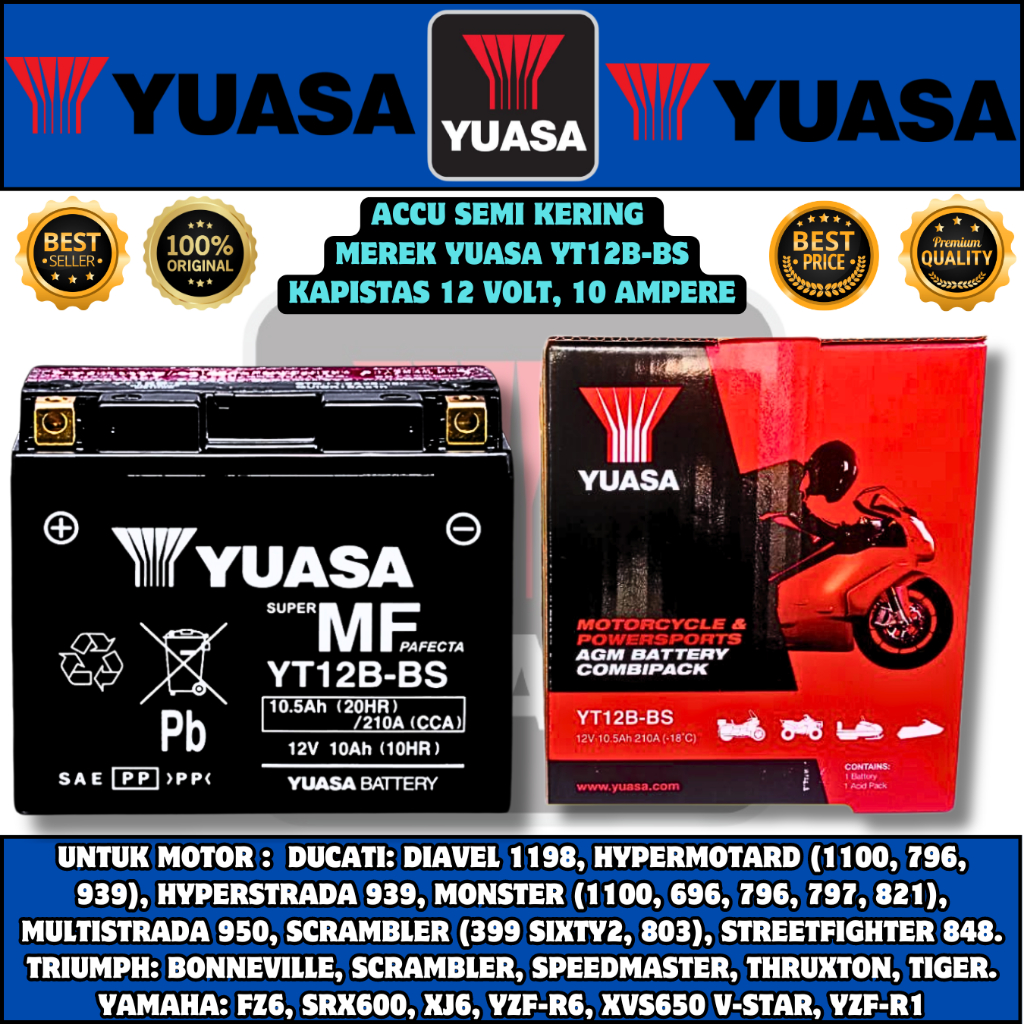 Jual AKI MOTOR DUCATI MONSTER, STREET FIGHTER YUASA YT12B - BS ORIGINAL | Shopee Indonesia