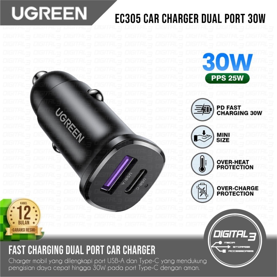 Jual UGREEN EC305 Car Charger Mobil 30W Dual Port USB-A Type-C Fast Charging PD PPS iPhone ...