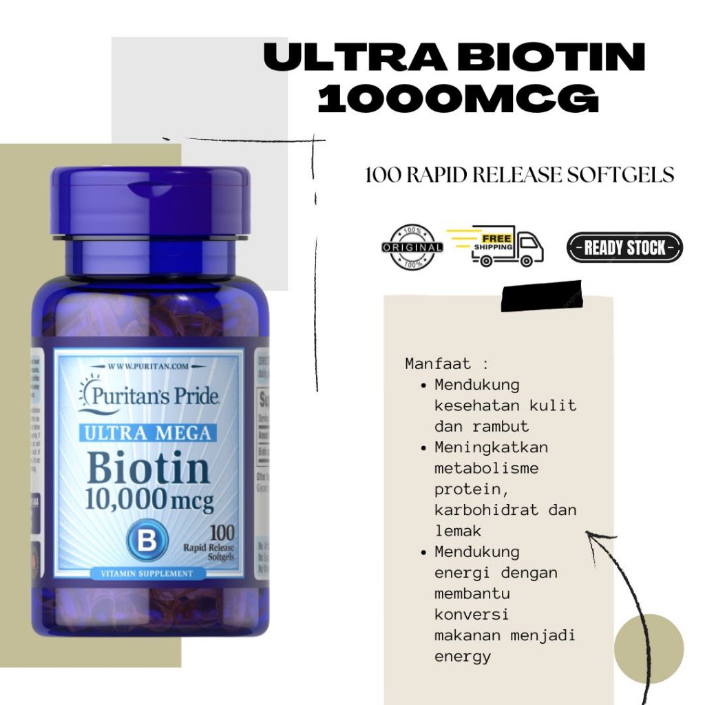 Jual Puritan Pride Biotin 10000mcg 100 Softgels untuk Menumbuhkan Rambut | Shopee Indonesia