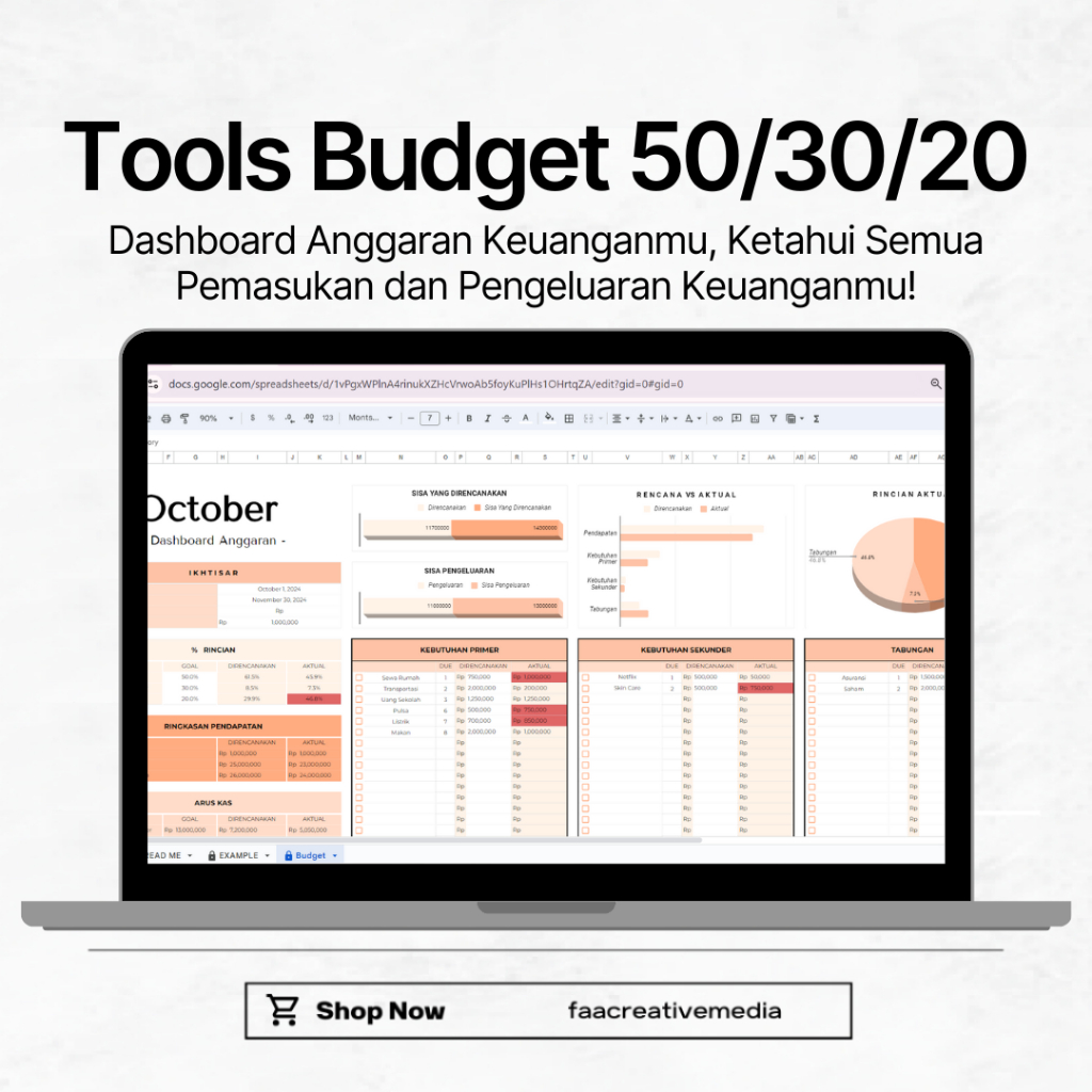 Jual Tools Dashboard Laporan Keuangan 50/30/20 Budget Spreadsheet 70/20/10 Budget Monthly Google ...