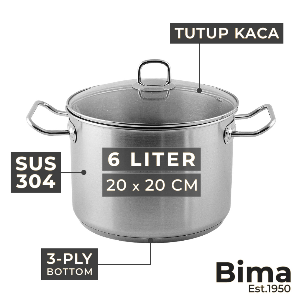 Jual BIMA Panci Stainless Steel 6 Liter SUS 304 Tutup Kaca Stockpot 20 ...