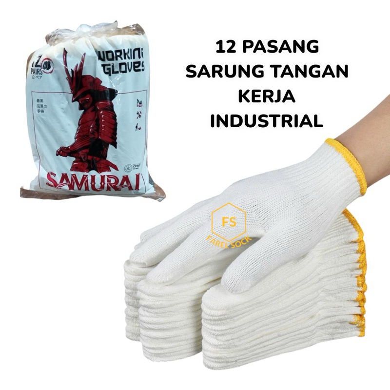 Jual Paket 12 Pasang Sarung Tangan Kerja Industrial Putih List Kuning ...