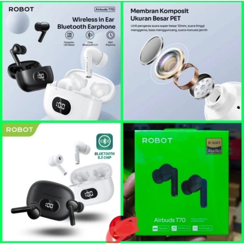 Jual TWS ROBOT Airbuds T70 Earphone bluetooth 5.3 True wireless Earbuds ...