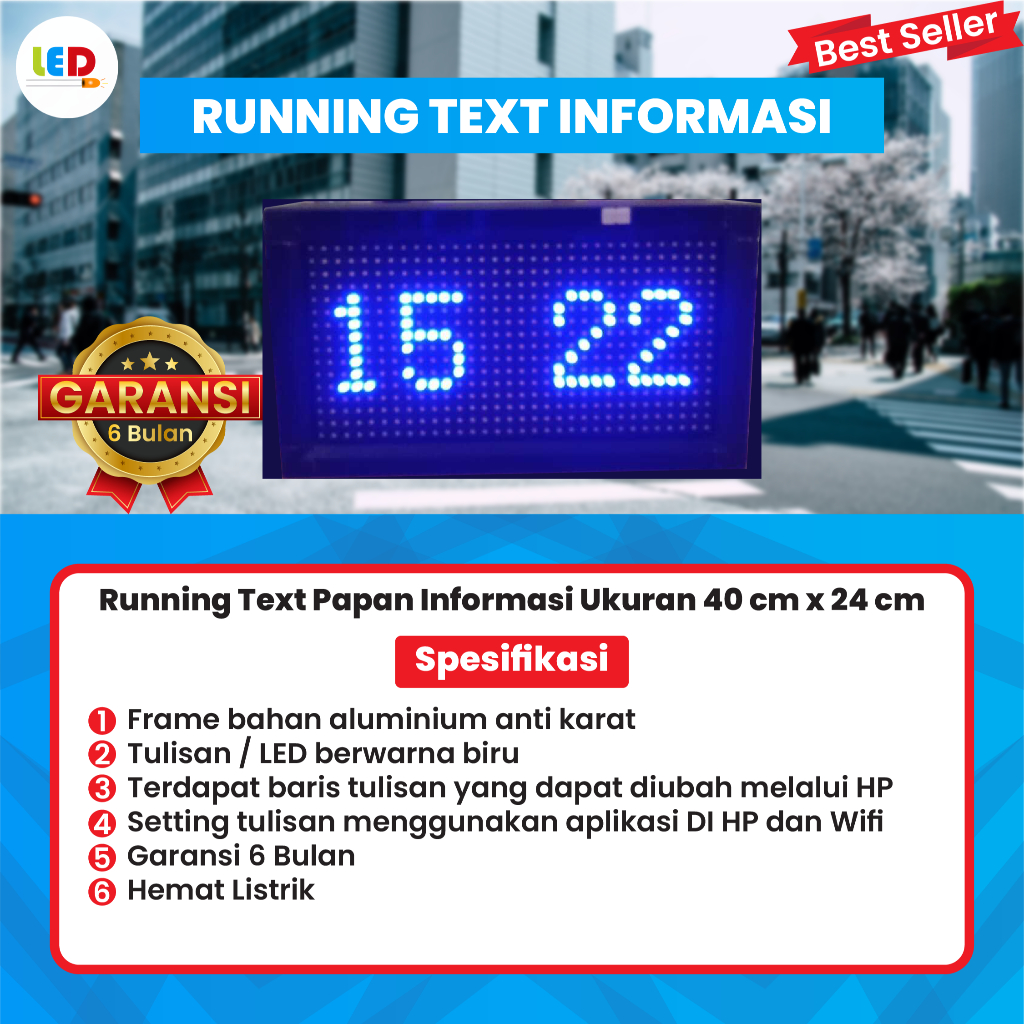 Jual Jam Running Text Papan Informasi P10 Warna Biru Ukuran 40 cm x 24 ...