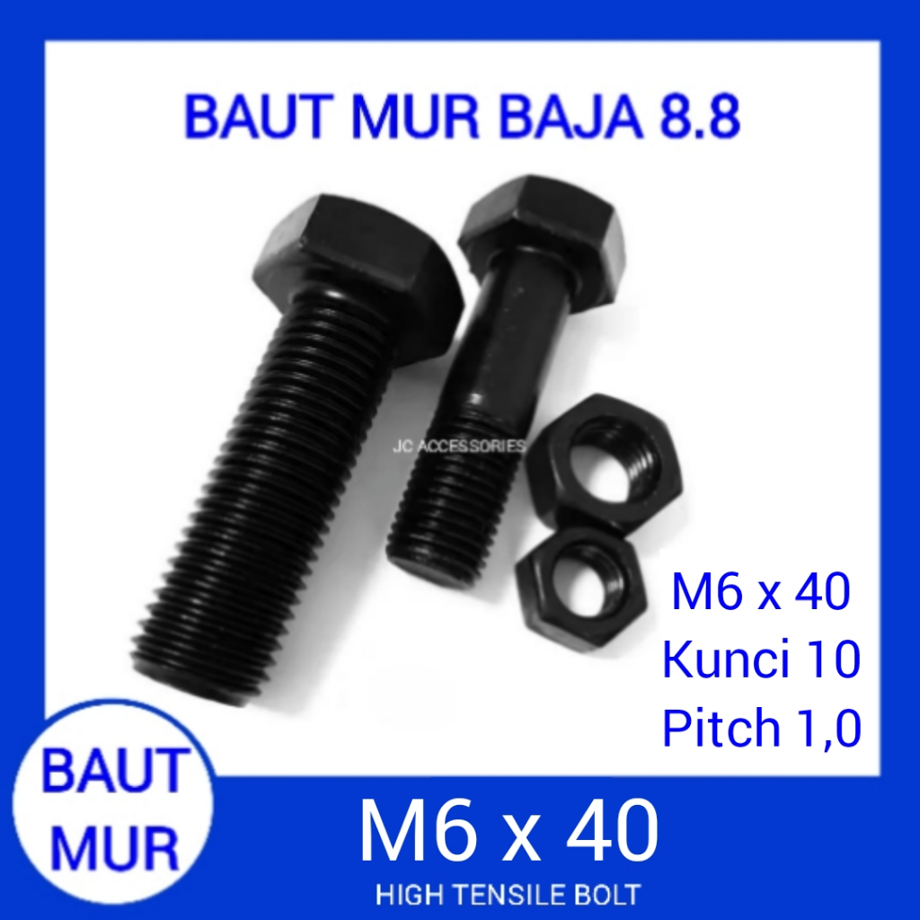 Jual BAUT MUR BAJA 8.8 M6X40 FULL DRAT HALF DRAT KUNCI 10 PITCH 1,0 HIGH TENSILE BOLT HEX ...
