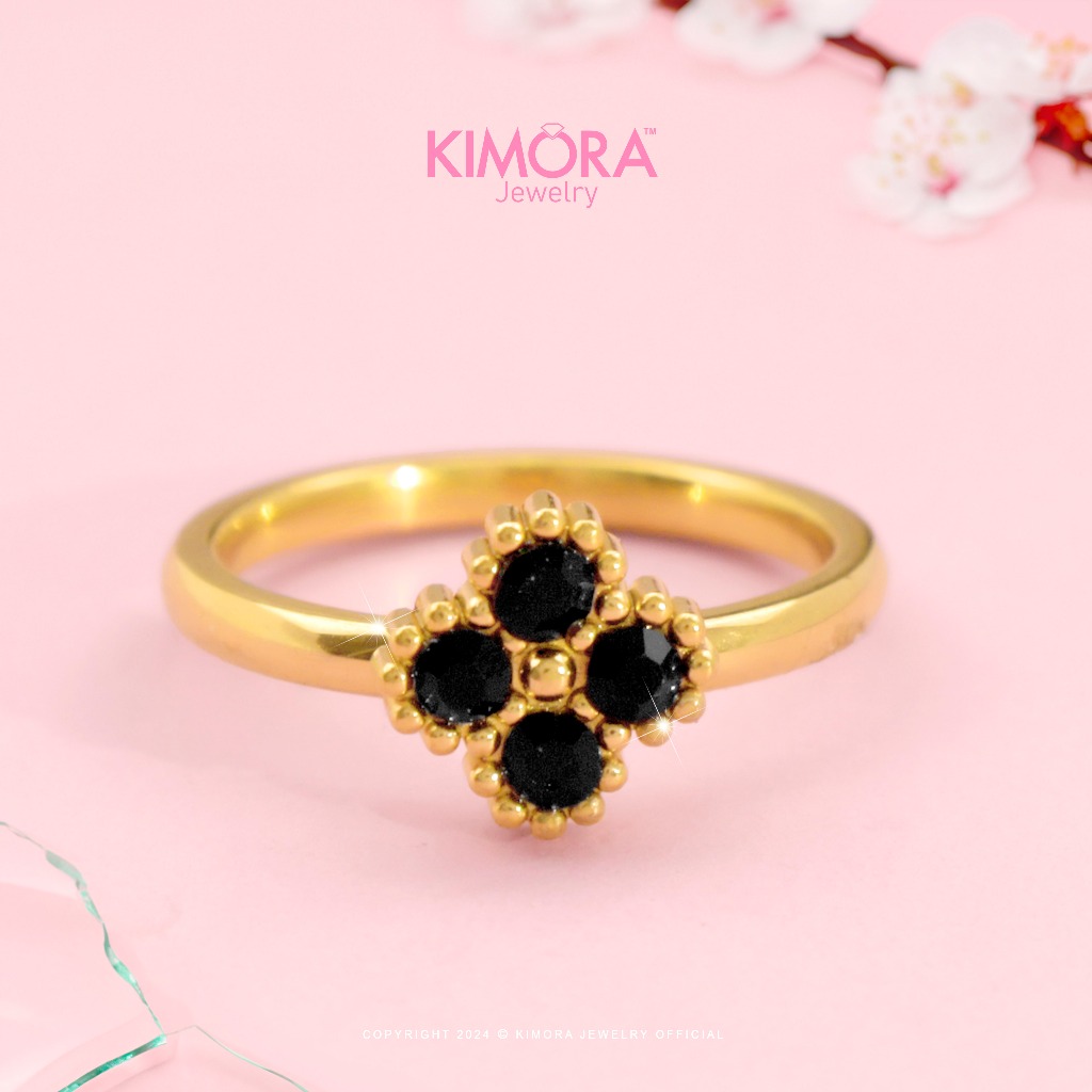 Jual Kimora - Cincin Titanium Wanita Bunga Hitam Amari Medium Gold Plated 18k Cnt245 | Shopee ...