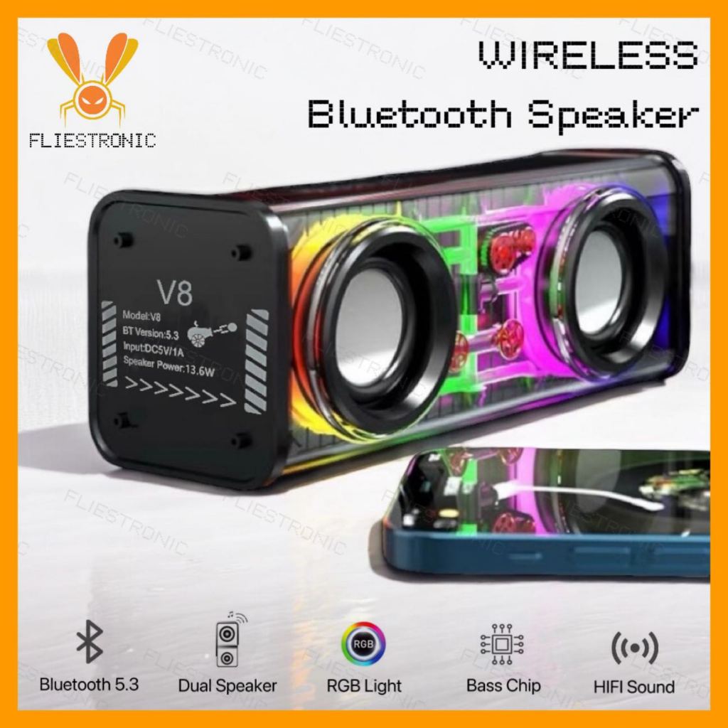 Jual COD FLIESTRONIC Bluetooth Speaker V8 Full Stereo Bass Full RGB LED ...