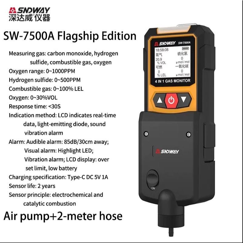 Jual SNDWAY SW-7500A PRO Gas Detector 4 in 1 Air Pump Hose H2S EX O2 CO SW7500A PRO | Shopee ...