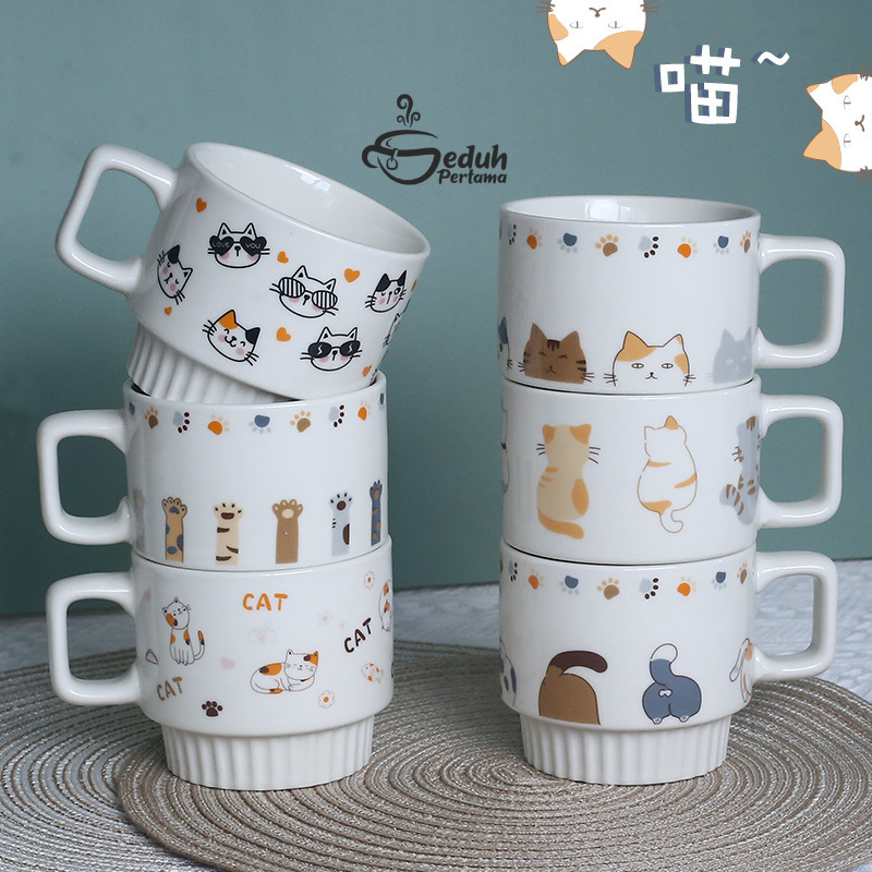 Jual Seduh Pertama - MUG KUCING KARTUN 350ml | Mug Aesthetic Cangkir ...