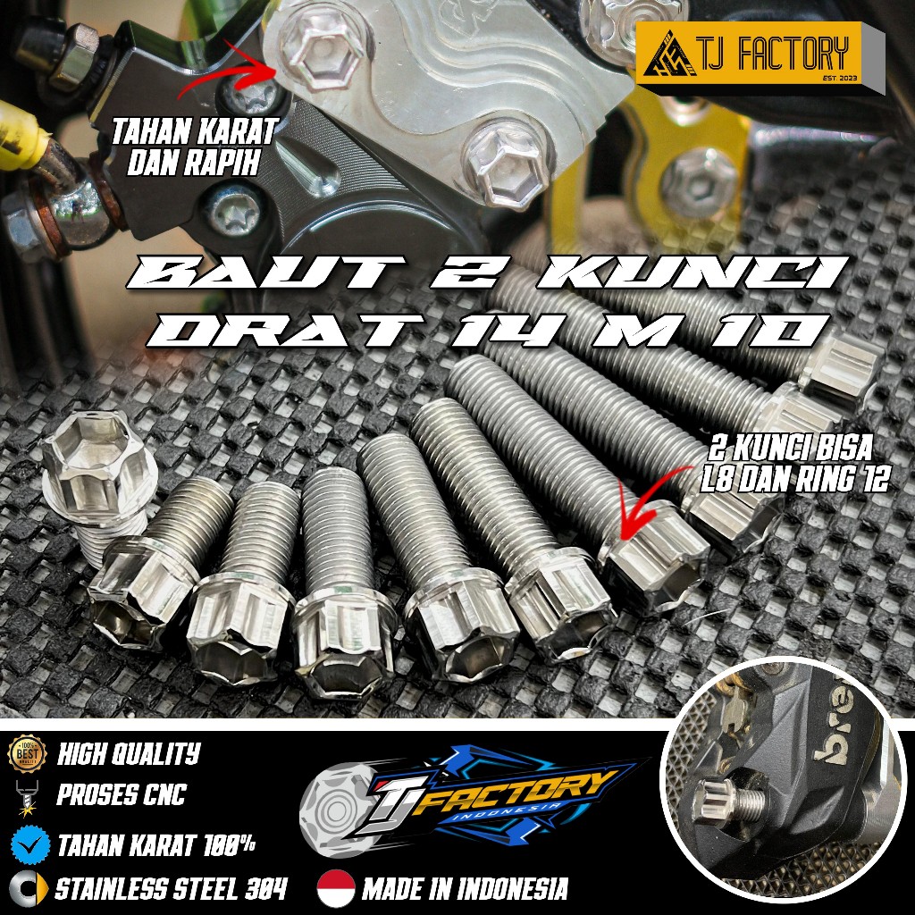 Jual Baut Stainless CNC Drat 14 M10 Drat Halus Picth 1,25 mm 2 Kunci tipe HEX PLUS Handmade ...