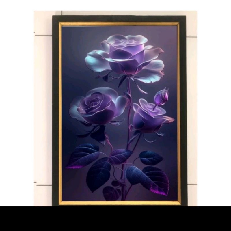Jual Hiasan dinding cetak gambar plus bingkai bunga mawar ungu ukuran ...