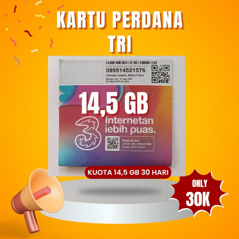 Jual KARTU PERDANA TRI 14,5GB. 30HARI | Shopee Indonesia