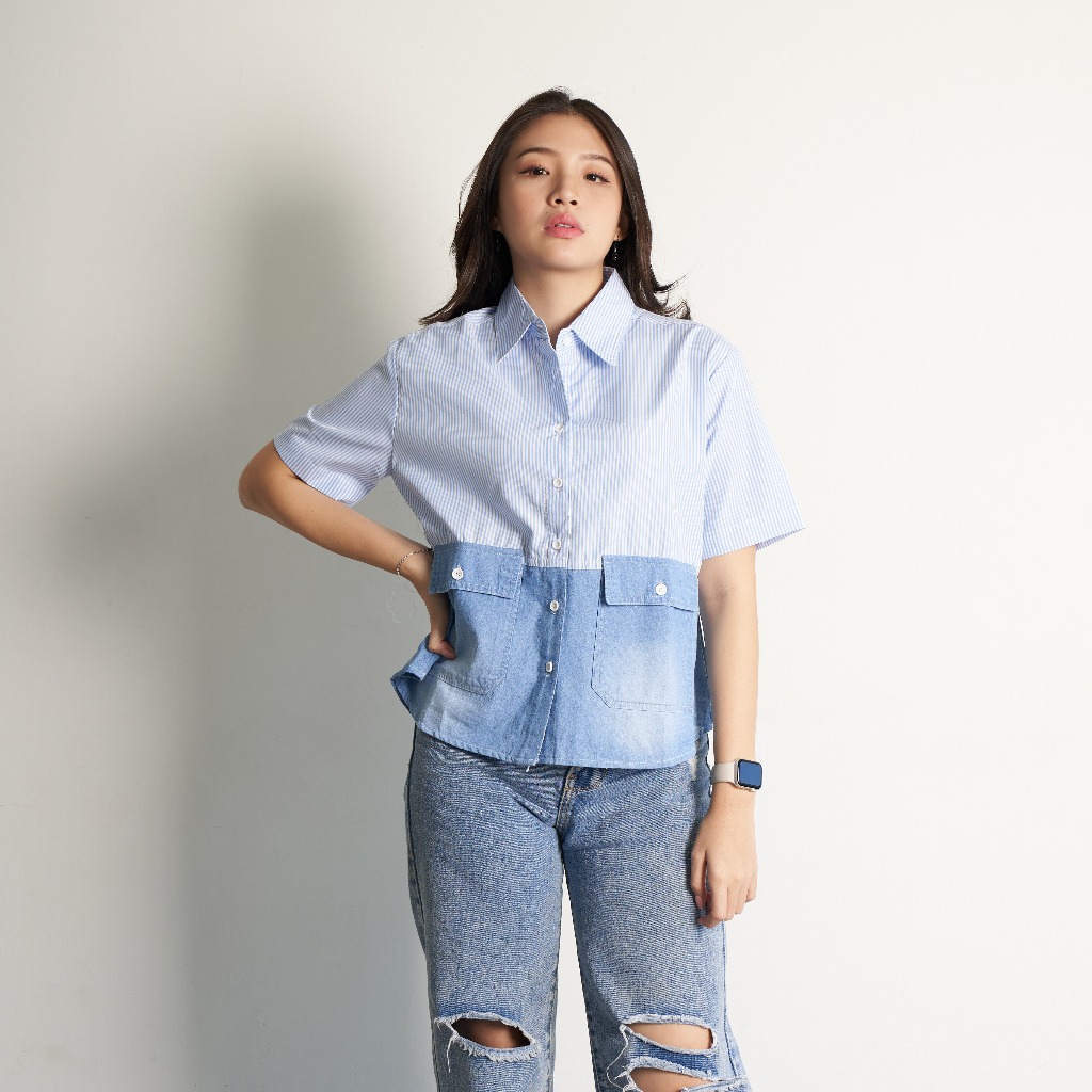 Jual QUEENTIN Kemeja Wanita Kombinasi 0546 Katun Polymicro Motif Salur ...