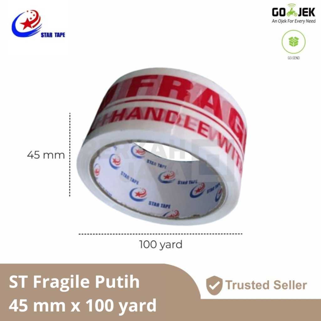 Jual LAKBAN / TAPE / ISOLASI STAR TAPE FRAGILE PUTIH PECAH BELAH 45 MM ...