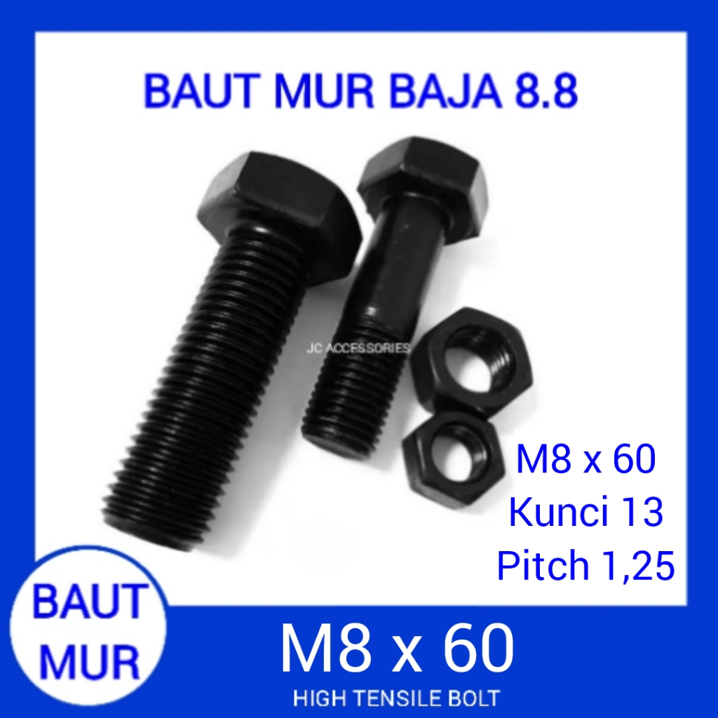 Jual GRADE 8.8 MUR BAUT BAJA M8X60 HEX BOLT + NUT PITCH 1,25 KUNCI 13 MUR BAUT BAJA 8X60 HIGH ...