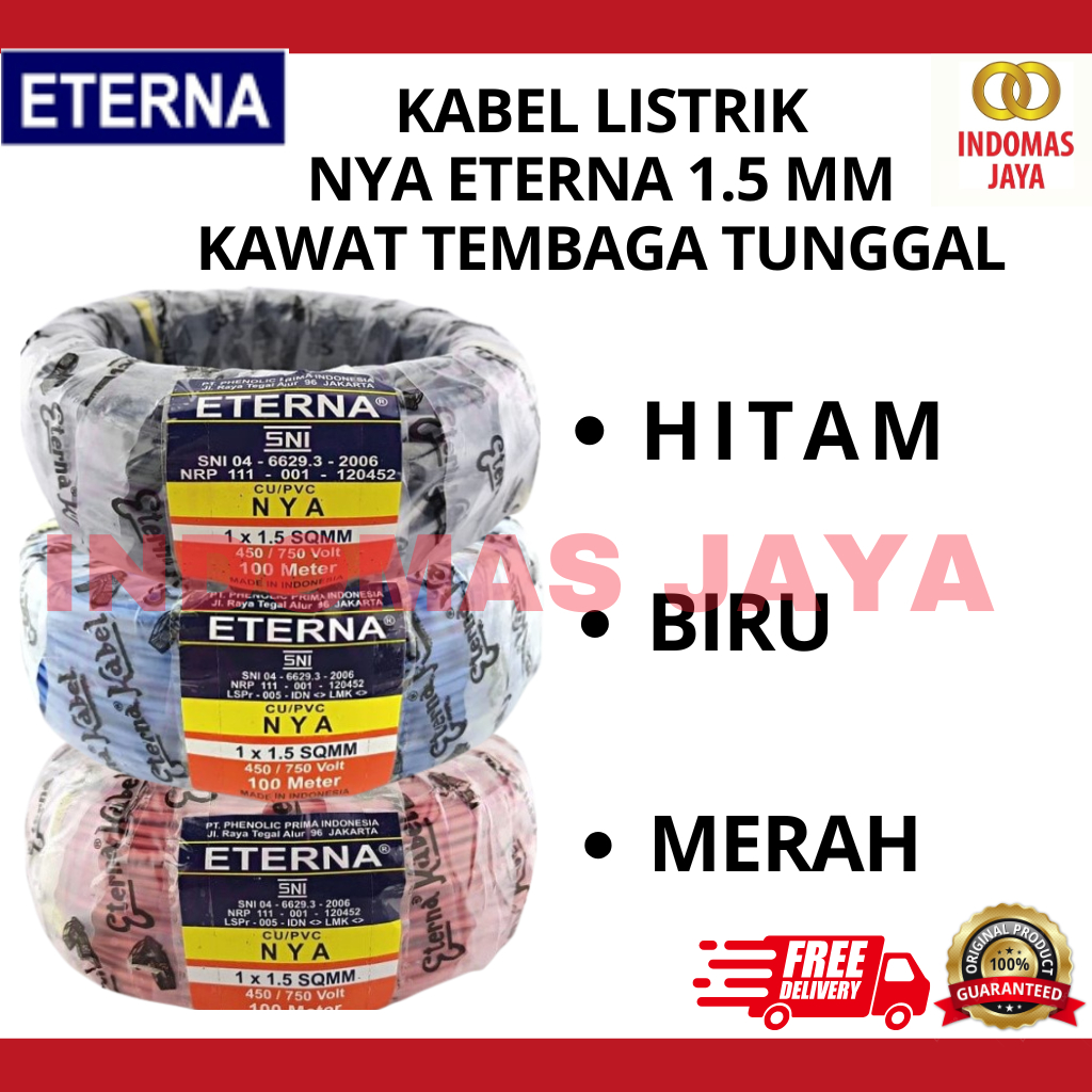 Jual KABEL LISTRIK NYA ETERNA 1.5 MM KAWAT TEMBAGA TUNGGAL MERAH / BIRU / HITAM (HARGA PER METER ...