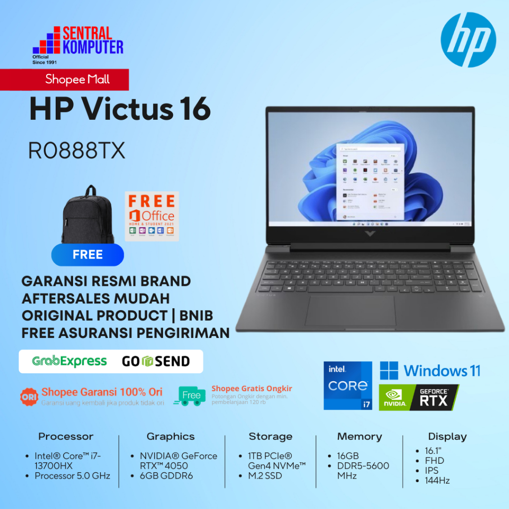 Jual HP VICTUS 16-R0888TX i7 13700HX 16GB 1TB RTX4060 8GB 16.1" W11 OHS ...