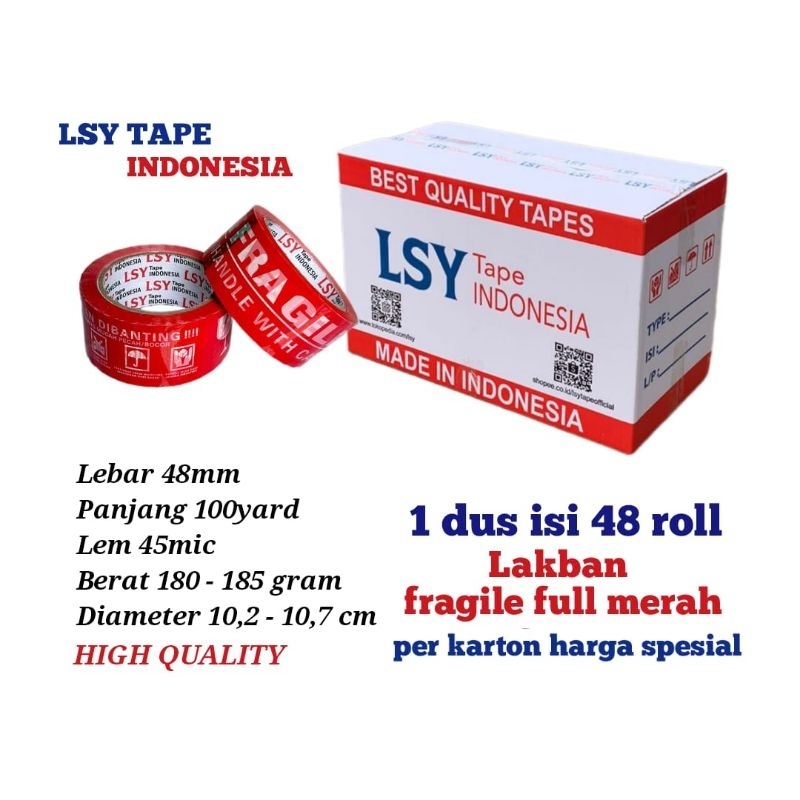 Jual lakban fragile full merah LSY TAPE 48mm x 100yard 1 dus isi 48 ...