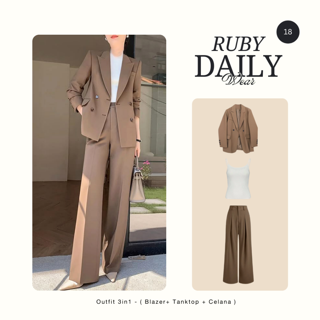Jual 3in 1 Set Ruby One Set Ootd Korean Style Dewasa 3in1 (Blazer + Tanktop + Celana ) Set ...