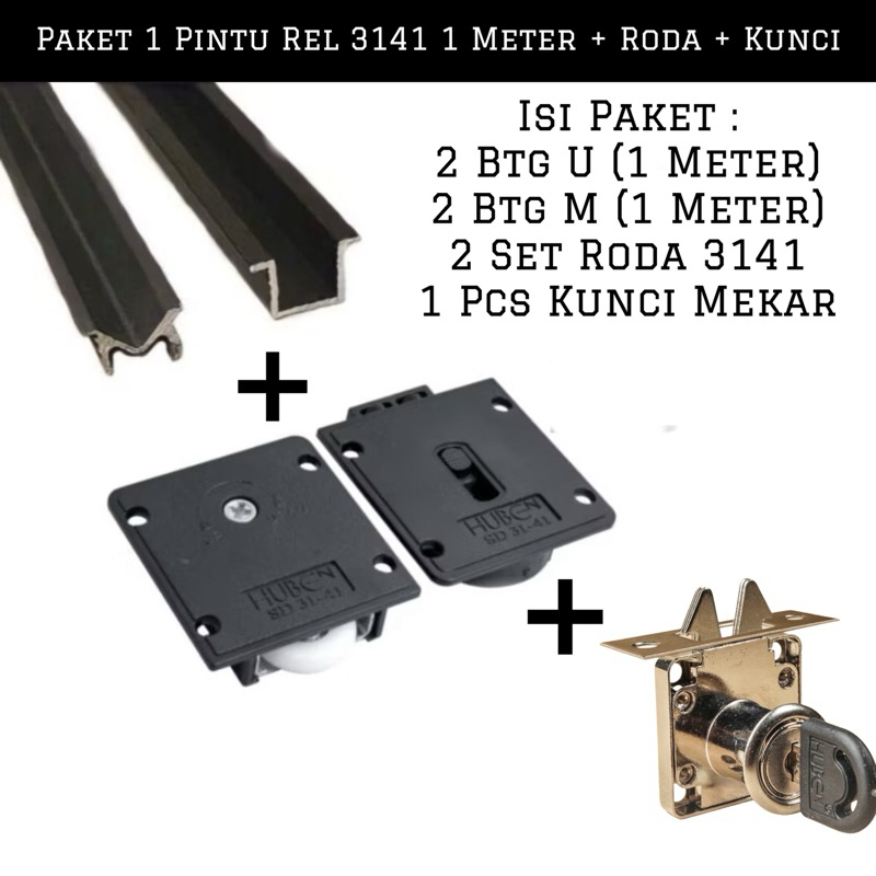 Jual (1 Pintu + Kunci) Paket 2 Rel U M 3141 Lenaga 1 Meter + 2 Set Roda ...