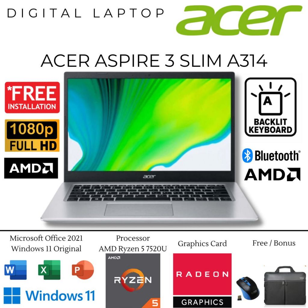 Jual Laptop Gaming Acer Aspire 3 Slim A314 AMD Ryzen 5 7520U RAM 8GB ...