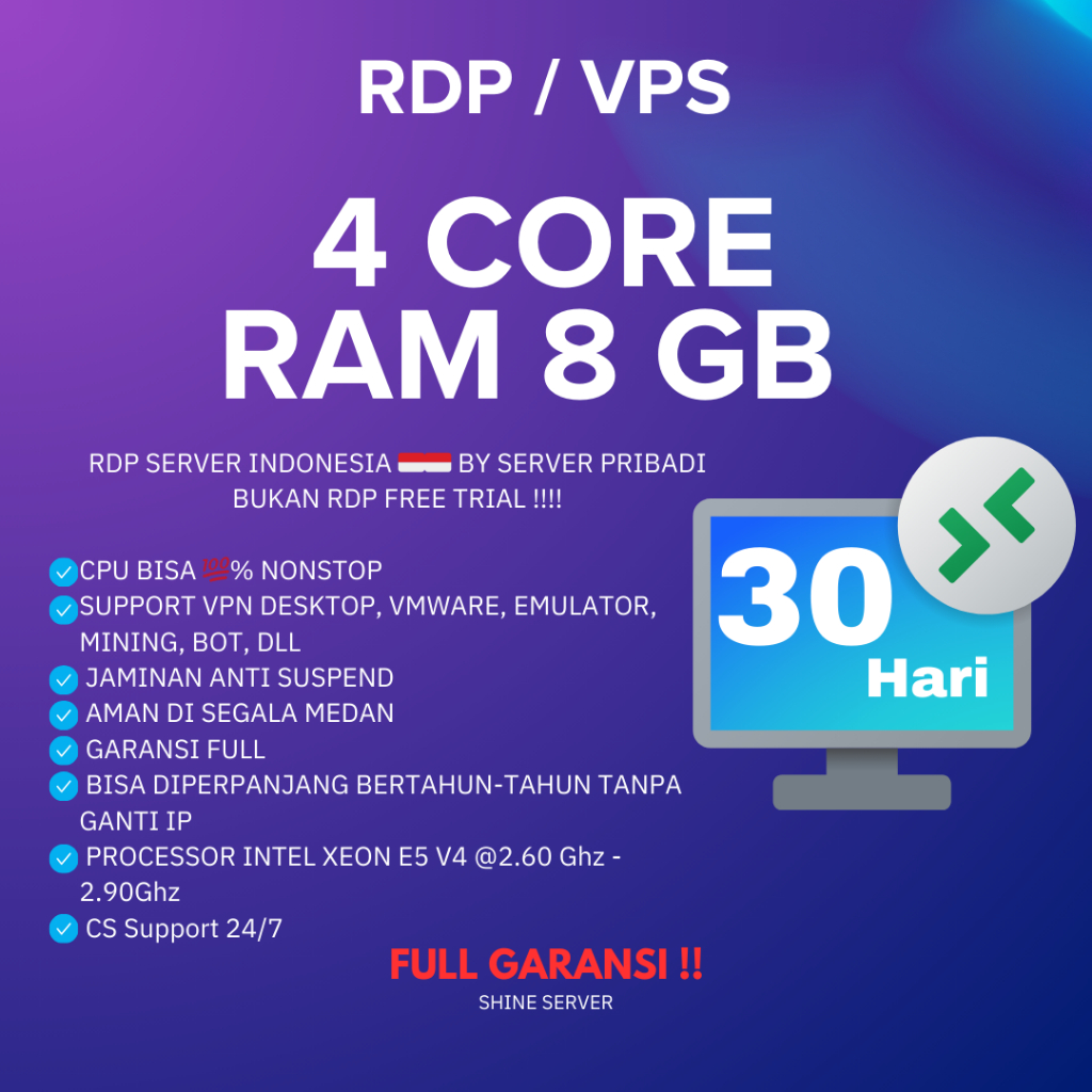 Jual RDP VPS 4 CORE RAM 8 GB Murah Bulanan Full Admin Anti Suspend Bisa ...