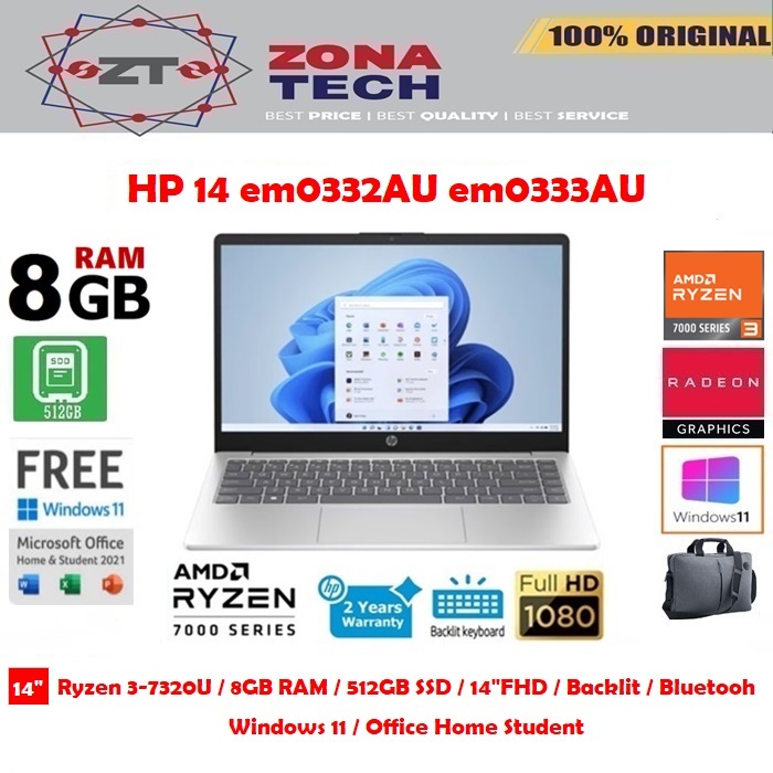 Jual Laptop HP 14 em0332AU em0333AU Ryzen 3-7320U 8GB 512GB SSD 14"FHD ...
