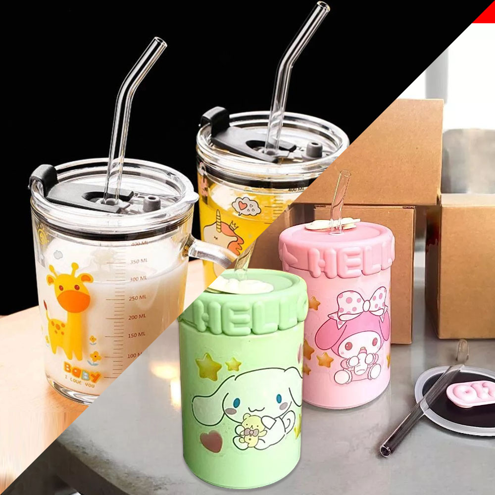 Jual Gelas Viral Cangkir Minum Susu Kopi Teh Air Putih Gelas Minum Kaca Anak Sedotan 400ml Motif ...
