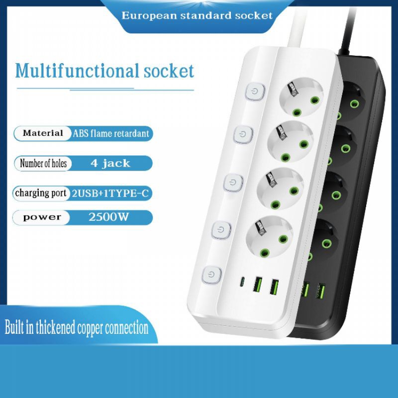 Jual Stop kontak terbaru QIAOLIAN Stop Kontak 4 Lubang USB Type C EU Plug 10A 110-250V 2500W ...