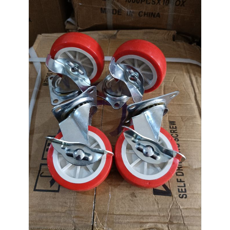 Jual roda merah hidup rem 3 inchi YSK 1set 4 pcs roda lori roda etalase | Shopee Indonesia