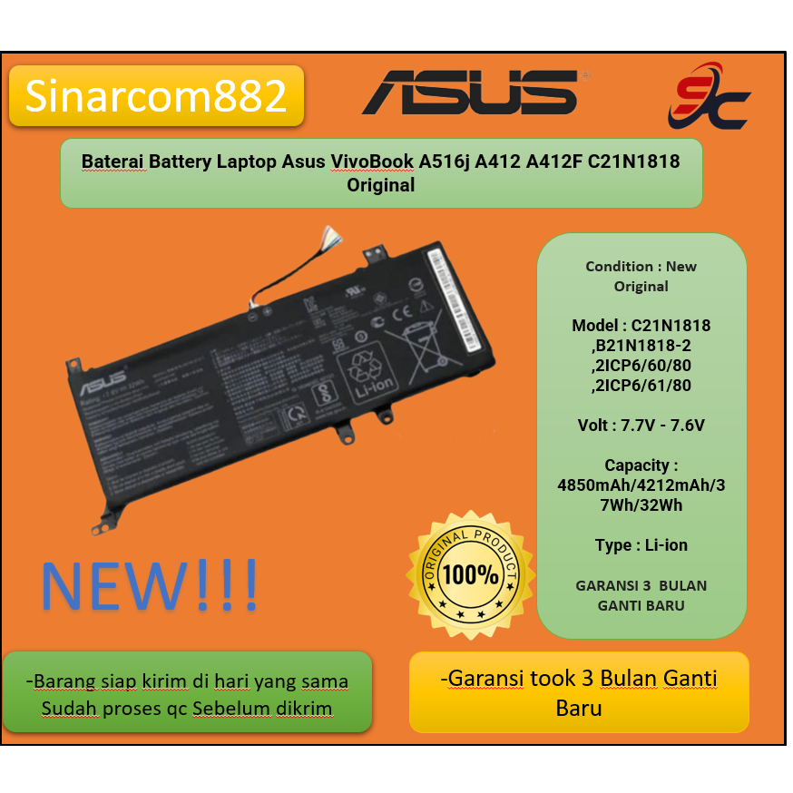 Jual Baterai Battery Laptop Asus VivoBook A516j A412 A412F C21N1818 Original | Shopee Indonesia