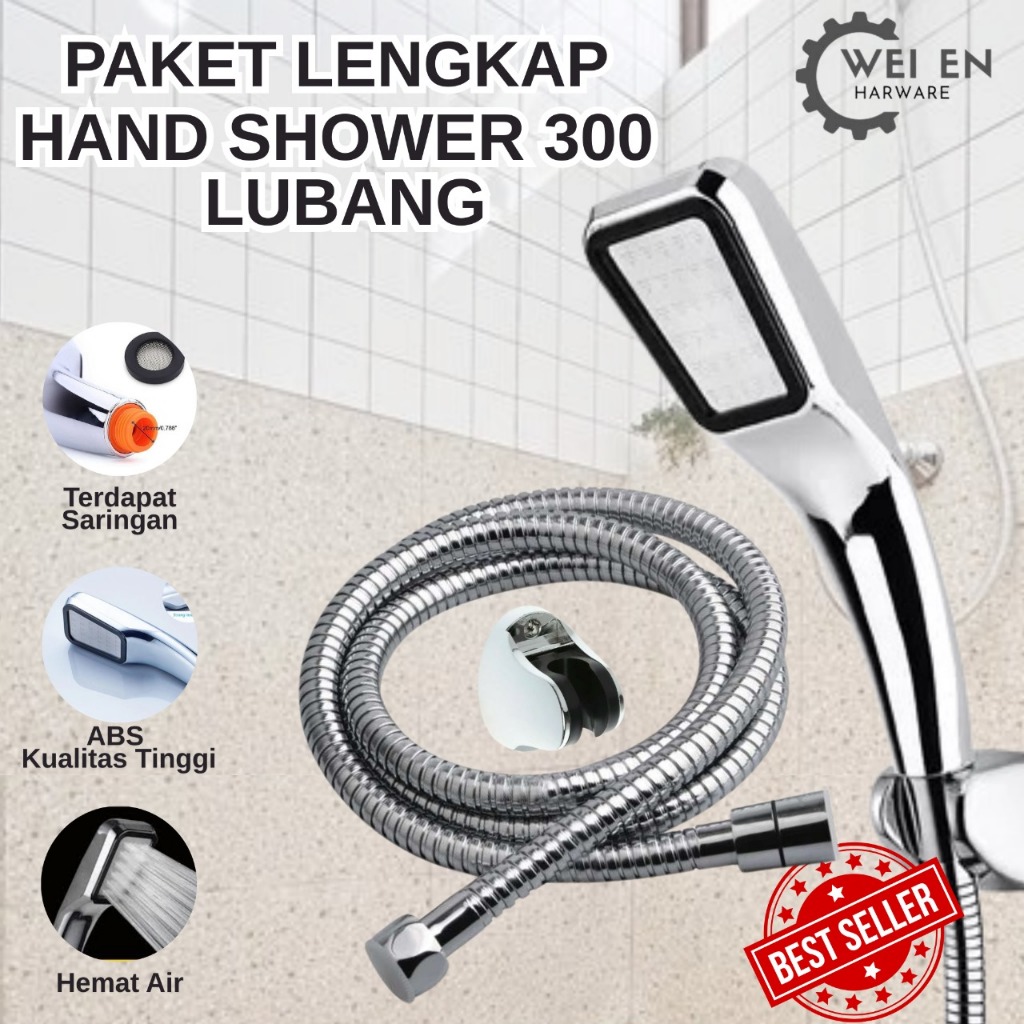Jual paket hand shower mandi set 300 lubang lengkap selang 1.5m dan holder (tanpa kran) / Set ...