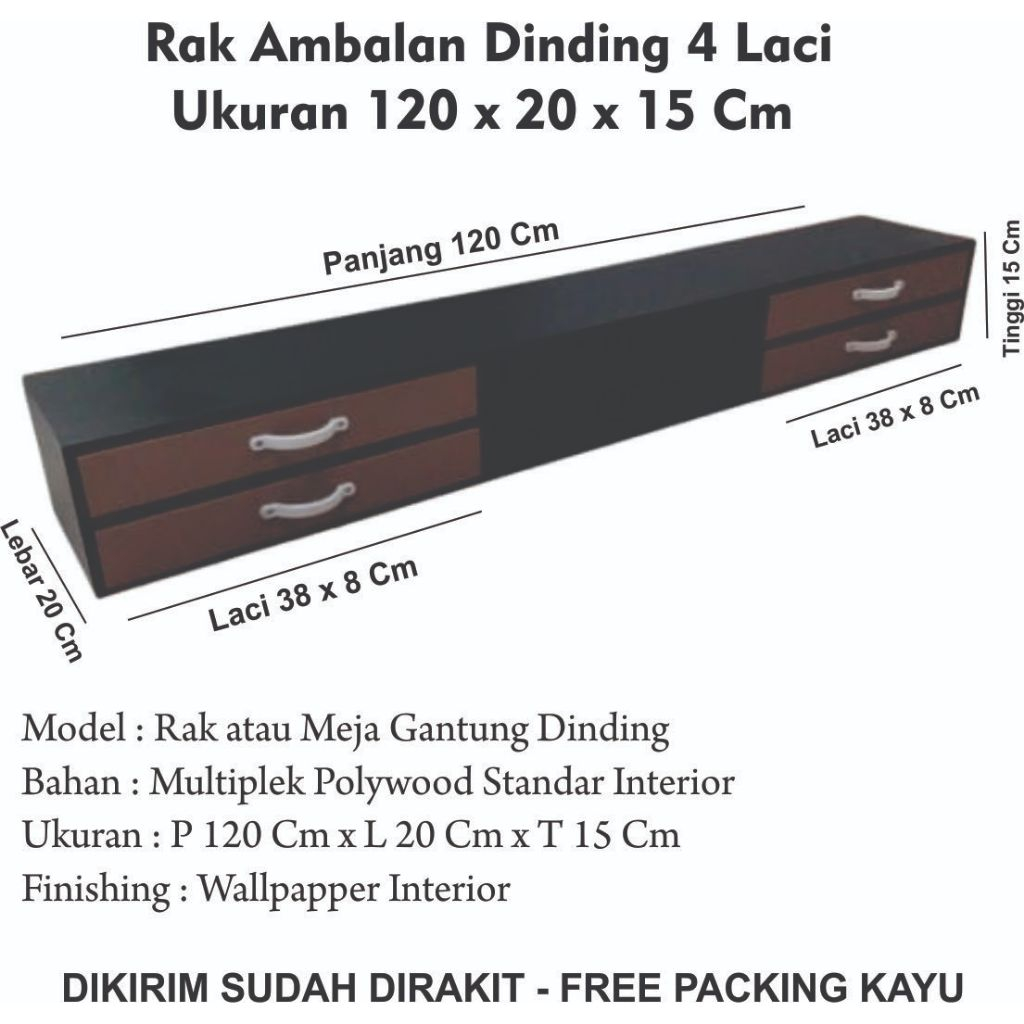 Jual Rak Ambalan Dinding Gantung 4 Laci Ukuran 120 x 20 x 15 Cm ...