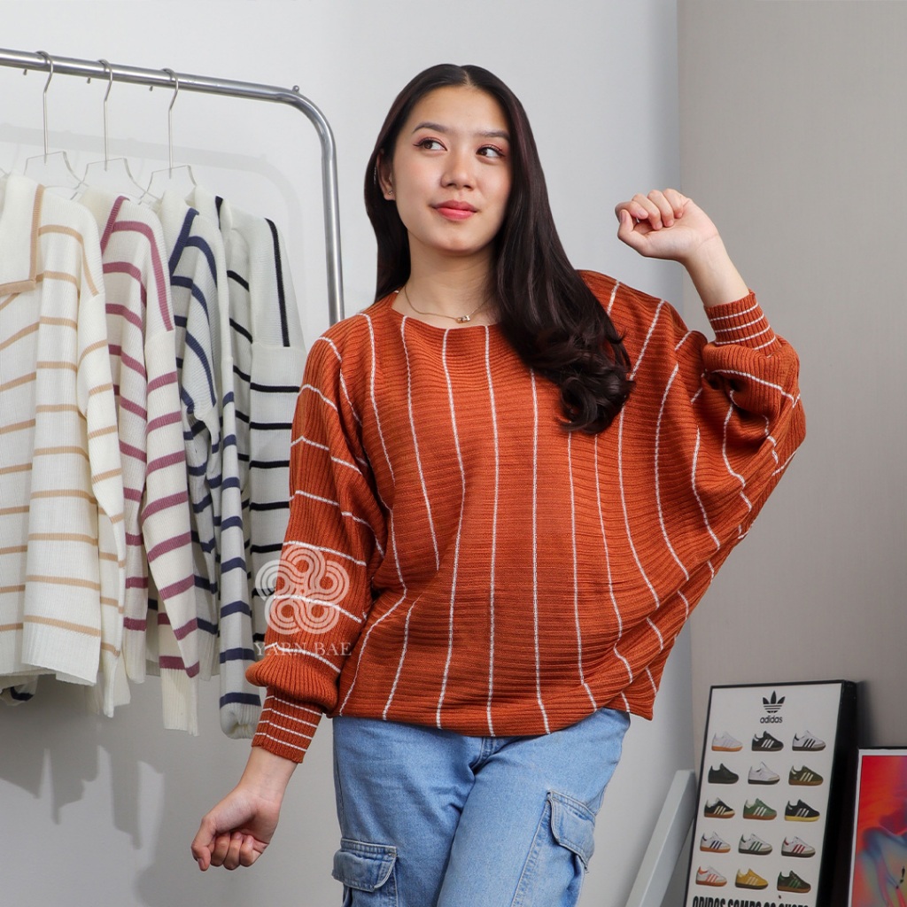 Jual ATASAN RAJUT WANITA ( Salur Batwing ) Baju Rajut Wanita stripe | Shopee Indonesia
