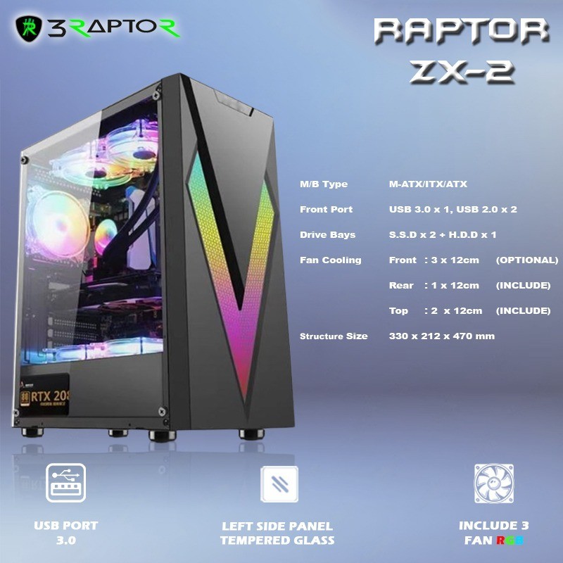 Jual Raptor ZX-2 Casing Komputer Gaming ATX Free 3Fan RGB | Shopee ...