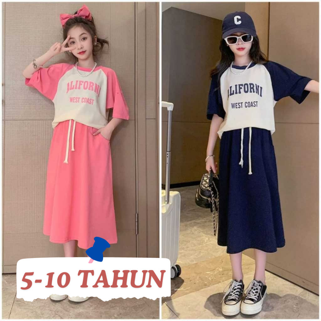 Jual KD31 Setelan Set Korea Anak Teenager Remaja ABG Kaos Katun Lengan Pendek Aliforni + Rok 7/8 ...