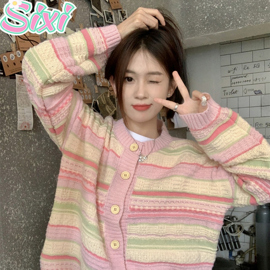 Jual SIXI Cardigan Crop Rajut Wanita Korean Stripe Casual Lengan ...
