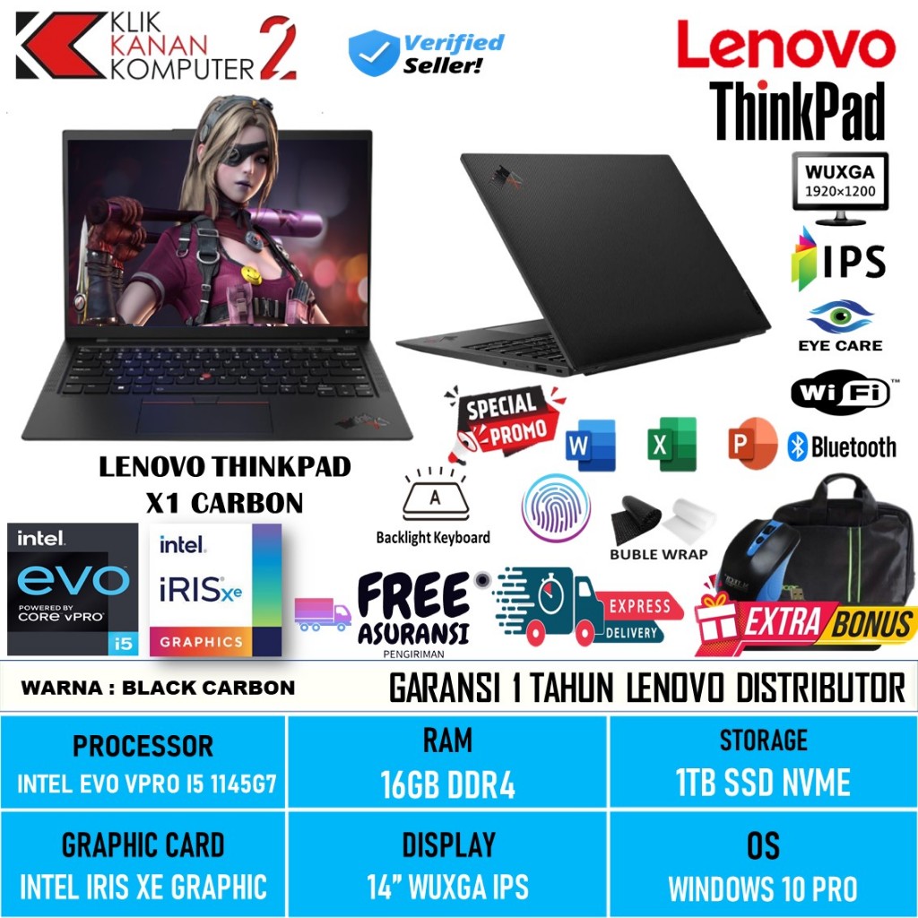 Jual Terbaru Ultrabook LENOVO THINKPAD X1 CARBON Intel Evo Vpro I5 1145G7 16GB 1TB 14 Inch WUXGA ...
