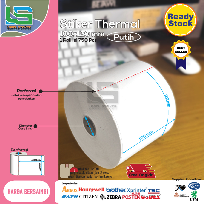 Jual LABEL THERMAL 100X120 MM LABEL STIKER THERMAL POLOS LABEL PRINT ...