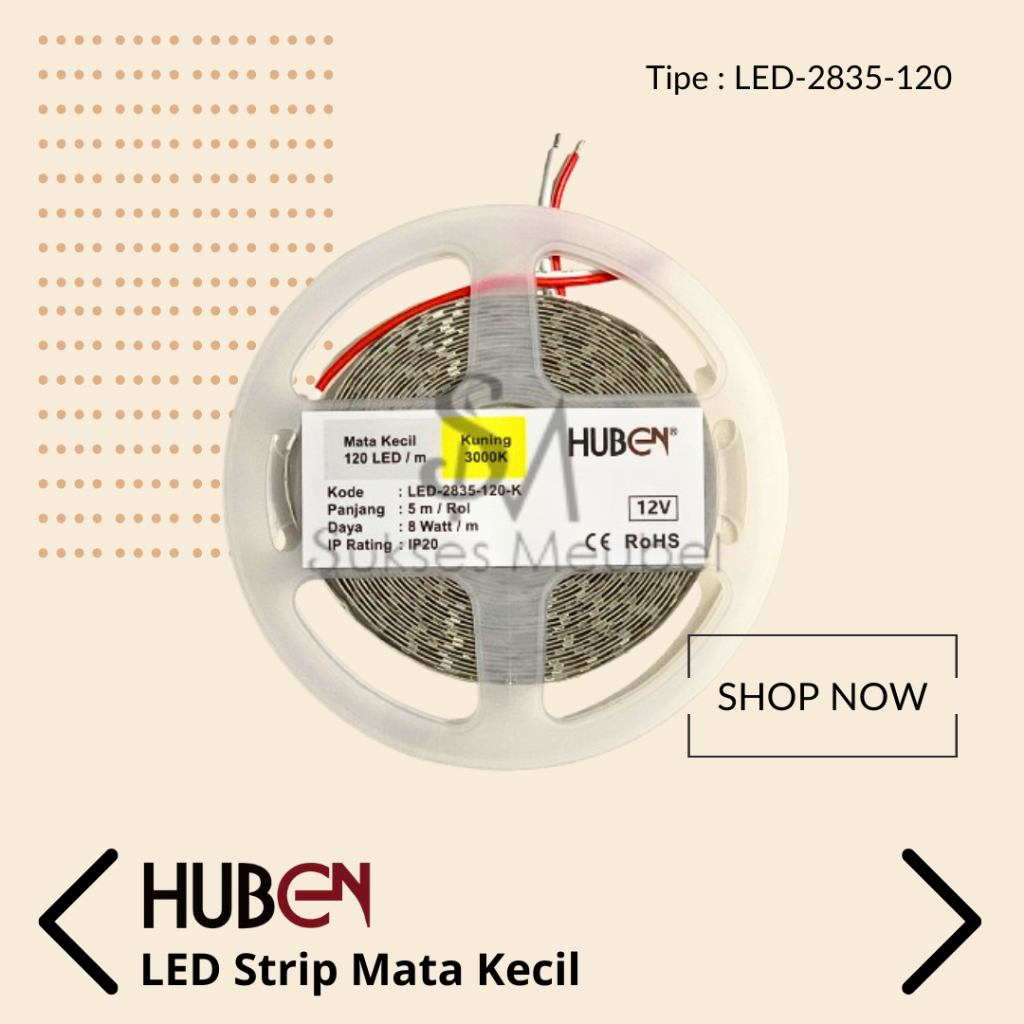 Jual HUBEN LED-2835-120 Lebar 8mm 12v | LED Strip Mata Kecil 120 LED/m 5m/rol | Shopee Indonesia