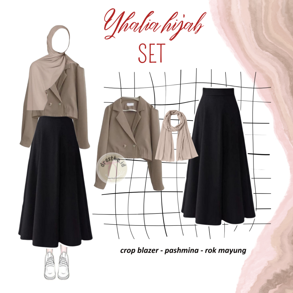 Jual One Set 3in1 Wanita Muslim Yhalia Ootd Korean Style Blazer Crop / Rok Mayung / Pashmina ...