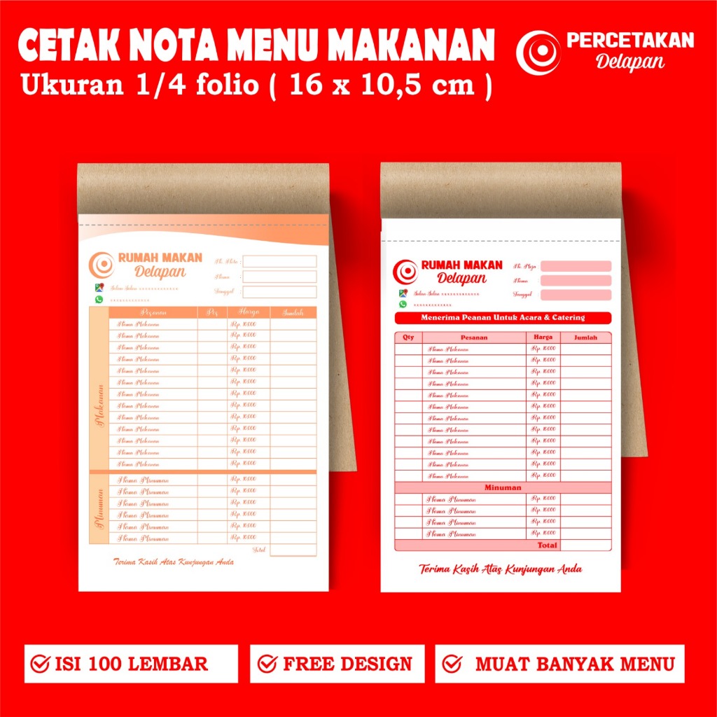 Jual cetak nota menu makanan custom 1 ply / 2 ply 1/4 folio | Shopee ...