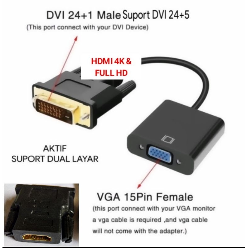 Jual converter Dvi to vga 5pin - 24pin aktif full HD support all vga | Shopee Indonesia