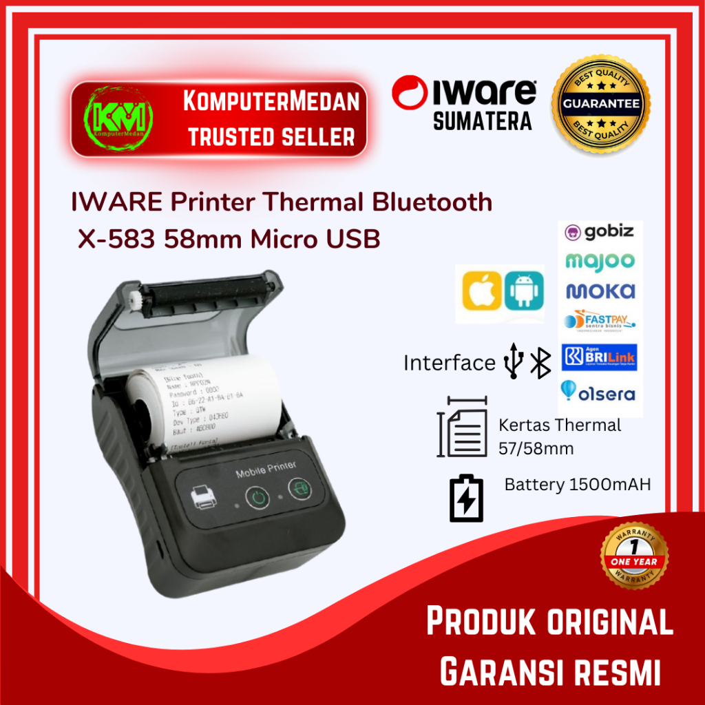 Jual IWARE Printer Thermal Bluetooth X583 X-583 58mm Micro USB Kasir ...